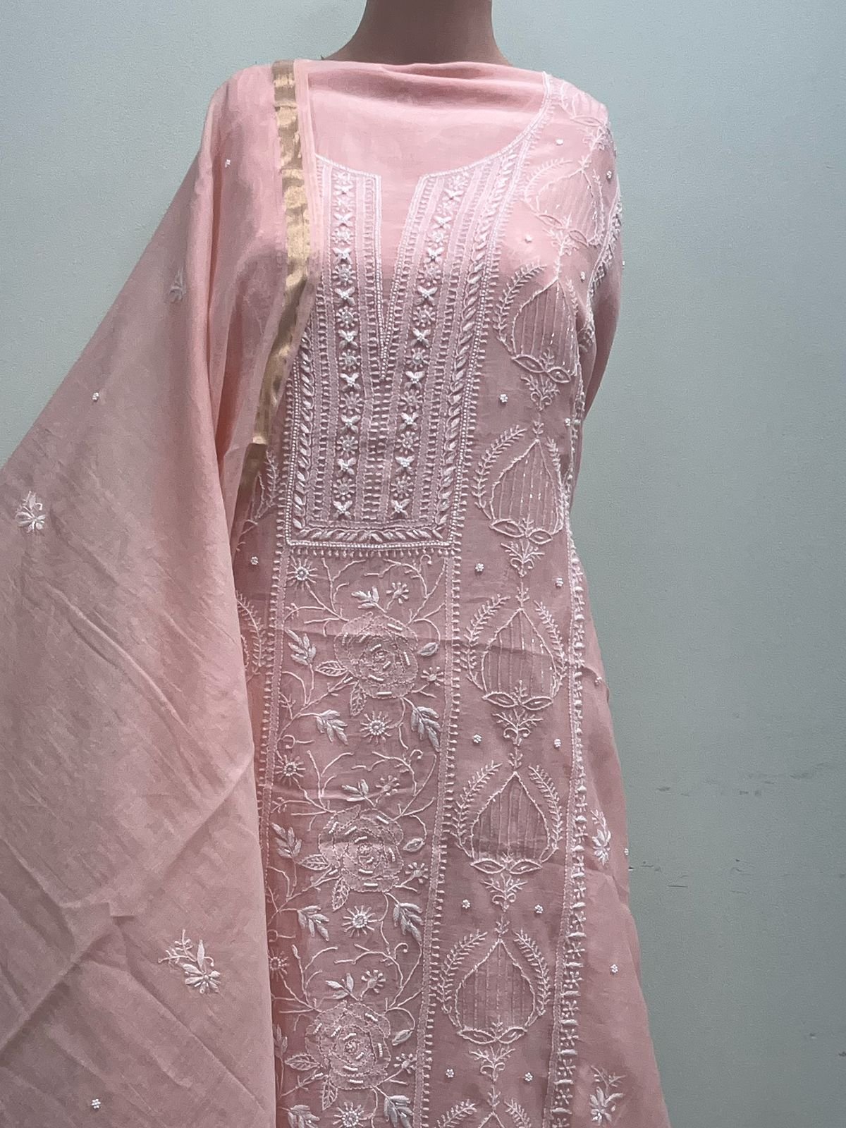 Mul-Mul 3 Piece Suit with Chikankari and Pearl Work | light Pink ...
